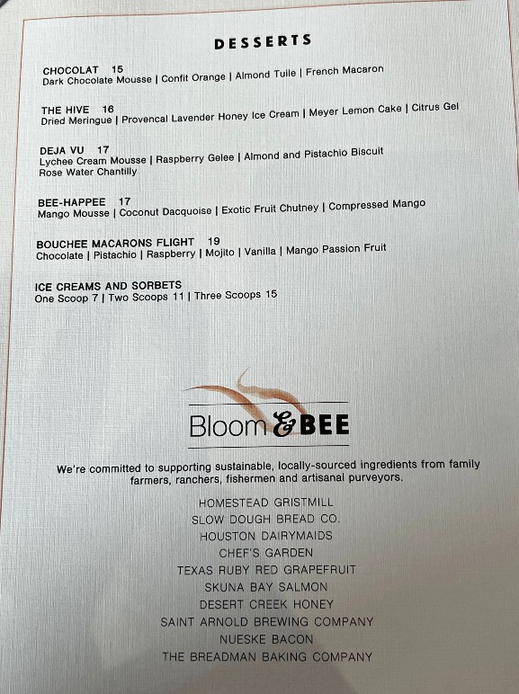 Bloom & Bee Restaurant Menu | Houston Dining Guide
